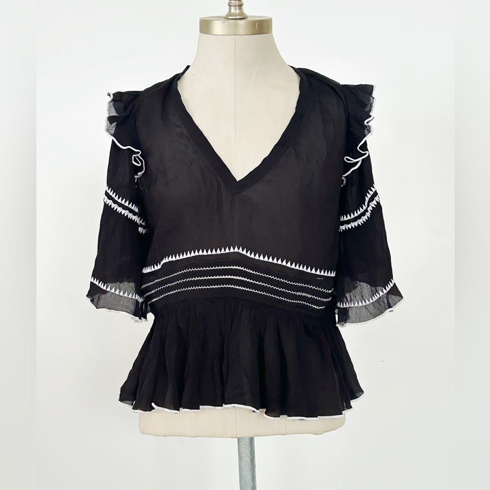 Iro Black Sheer Black Ruffle 3/4 Bell Arm Embroidered… - Gem